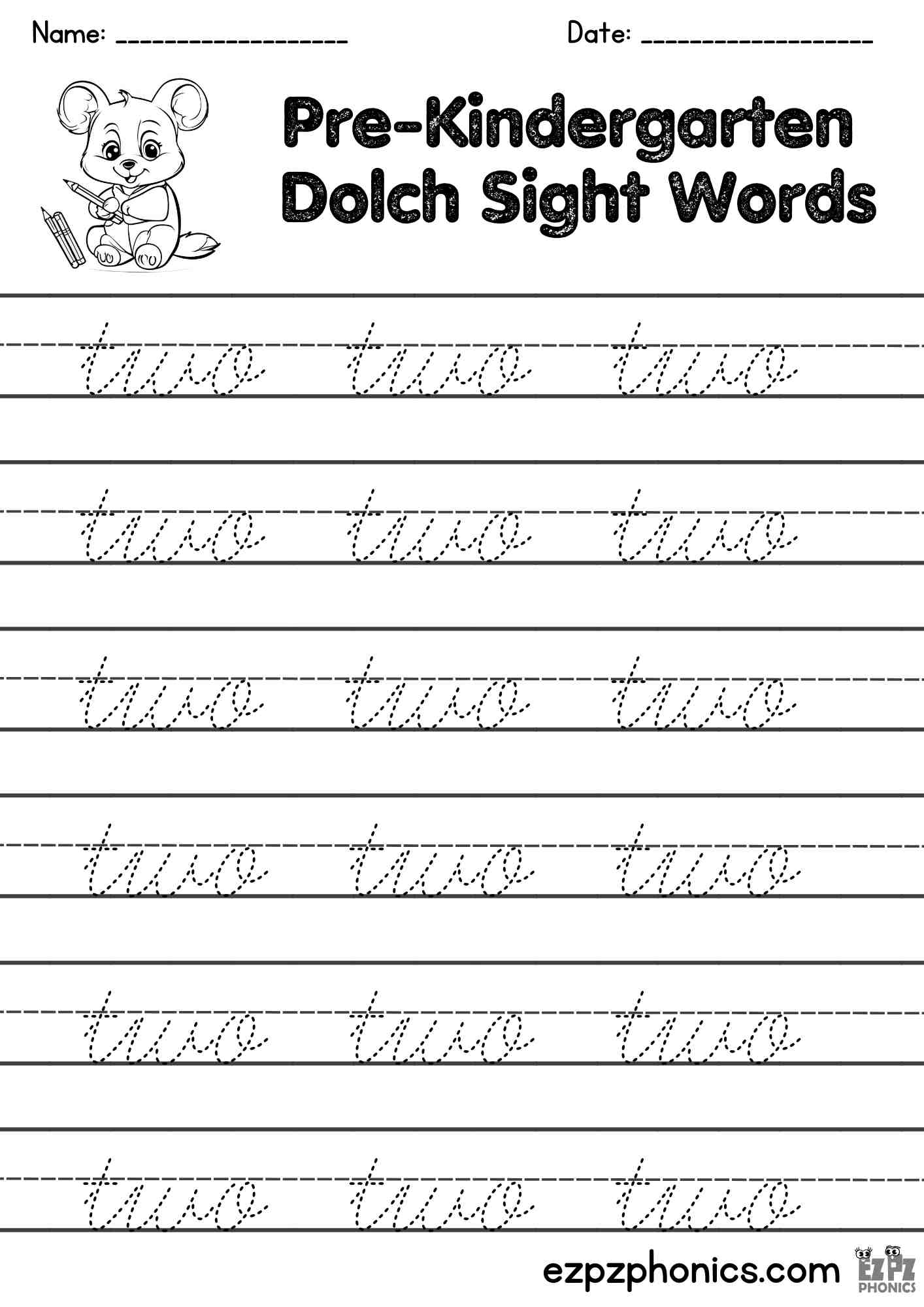 The Word Two Cursive Writing Practice – Pre-K Dolch Sight Words Free PDF Download - ezpzphonics.com